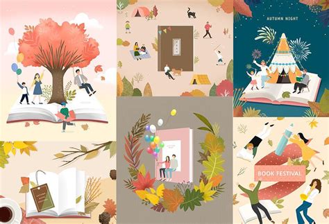 6款秋游秋天野外郊游插图书籍阅读手绘风景卡通psd设计插画素材 Nicepsd 优质设计素材下载站