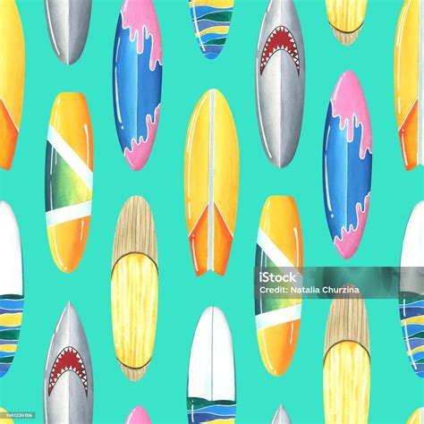 다른 밝은 서핑 보드 화려한 수채화 그림입니다 Surfing 컬렉션의 청록색 배경에 매끄러운 패턴 여름 해변 바다의 장식과 디자인에 각도에 대한 스톡 벡터 아트 및 기타