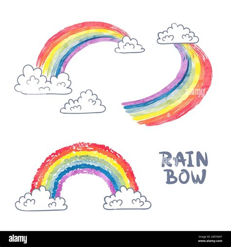 Cartoon Rainbows Set Watercolor Rainbow And Clouds Isolated On White