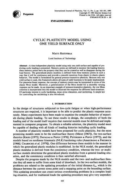 Pdf Cyclic Plasticity Model Using One Yield Surface Only
