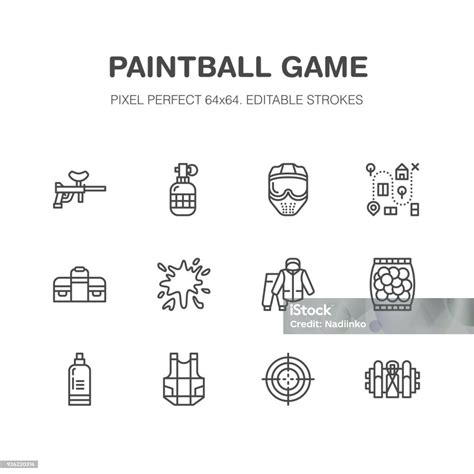 페인트 볼 게임 벡터 플랫 라인 아이콘입니다 야외 스포츠 장비 페인트 볼 마커 유니폼 마스크 가슴 보호 익스트림 레저 얇은 선형 서명 한다 픽셀 완벽 한 64 X 64
