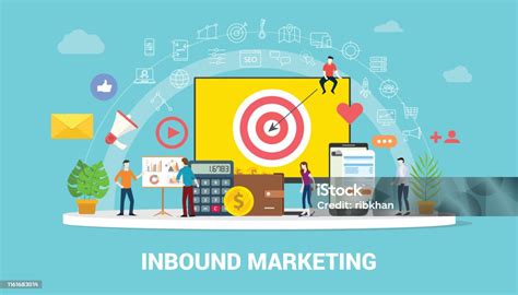 인바운드 마케팅 컨셉 전략 팀이 큰 화면 목표와 그래프 차트 및 아이콘 스프레드와 함께 작업 벡터 검색 엔진에 대한 스톡 벡터 아트 및 기타 이미지 Istock