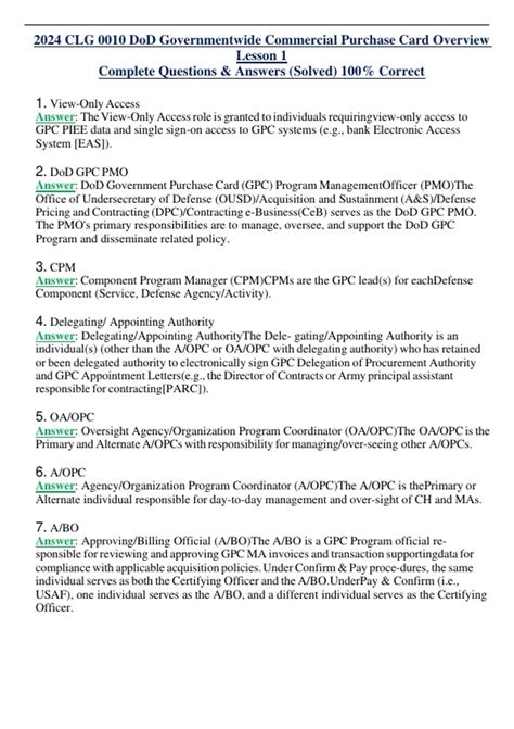 2024 Clg 0010 Dod Governmentwide Commercial Purchase Card Overview Lesson 1 Complete Questions