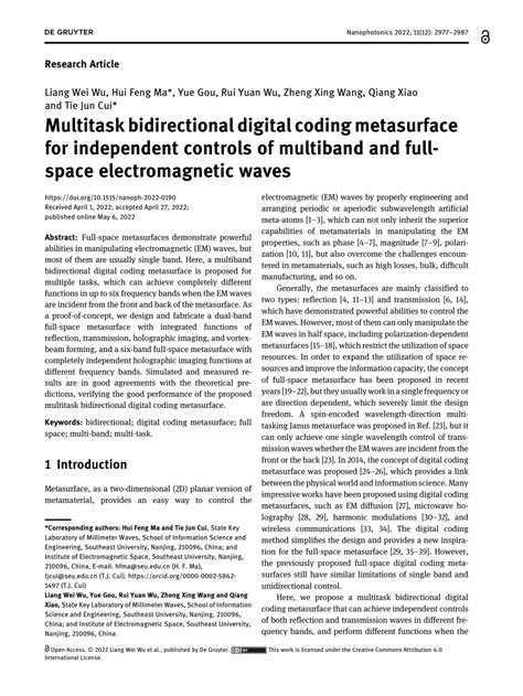 Pdf Multitask Bidirectional Digital Coding Metasurface For Independent Controls Of Multiband