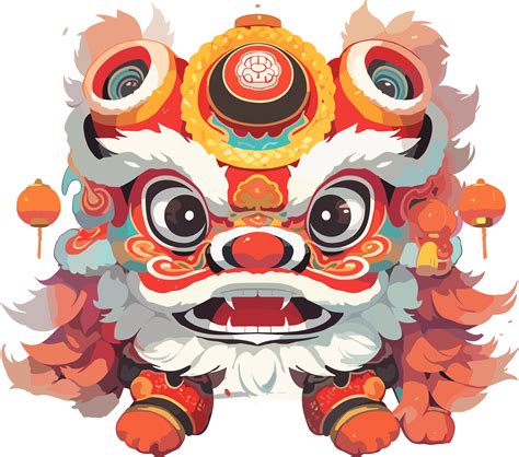 彩色逼真风格的中国新年舞狮插图