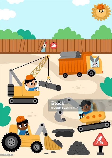 벡터 건설 현장 풍경 그림입니다 트랙터 트럭 크롤러 굴착기 크레인 건설 또는 수리 트랙에서 어린이 운전자가 있는 장면 수리 서비스 재미있는 차량으로 도로 작업 배경 만화에