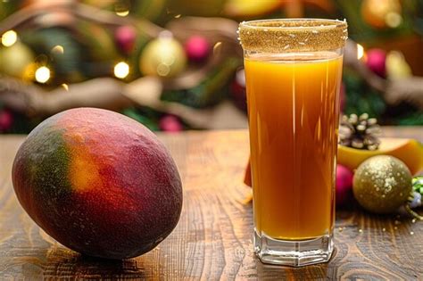 Premium Photo Mango Juice In A Festive Holiday Setup With Seasonal Decorations