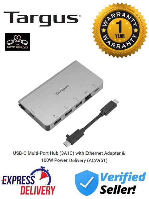 Targus Adapter Usb C Multi Port Hub With Ethernet Adapter And 100w Power