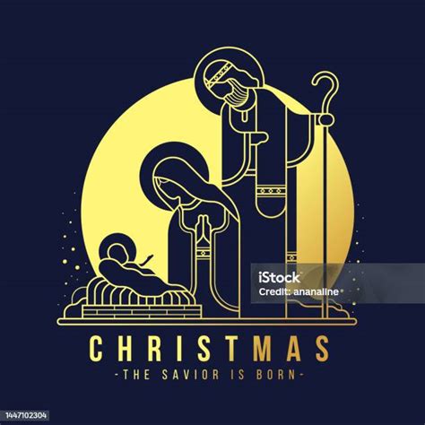 메리 크리스마스 구세주 탄생 현대 골드 라인 구유에 있는 마리아와 요셉의 탄생 진한 파란색 배경에 원을 그리며 아기 예수 벡터 일러스트레이션 디자인 성탄화에 대한 스톡 벡터