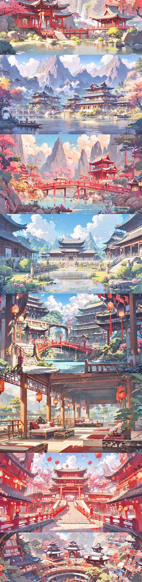 Ai古风亭台楼阁建筑场景图集 影视游戏概念设定素材 背景插画设计
