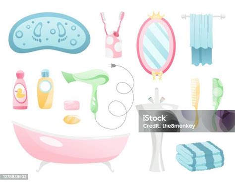 욕실 만화 요소 컬렉션 개인 위생 및 일상적인 바디 케어 목욕 액세서리 수건 욕조 거울 칫솔 및 병 격리 된 벡터 개체 개수대에 대한 스톡 벡터 아트 및 기타 이미지