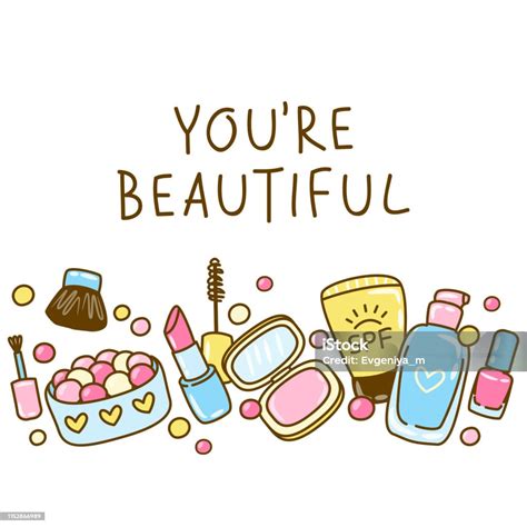 흰색 배경에 고립 된 화장품 요소와 귀여운 메이크업 테두리 립스틱에 대한 스톡 벡터 아트 및 기타 이미지 립스틱 귀여운 아이섀도 Istock