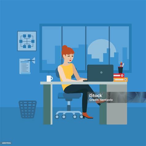 금융 분석 회계사 회계 사무실 직장 개념입니다 평면 스타일 사무실 룸 내부에서 노트북을 사용 하 여 젊은 여자의 벡터 그림을 현대적인 웹 사이트 경영자에 대한 스톡 벡터