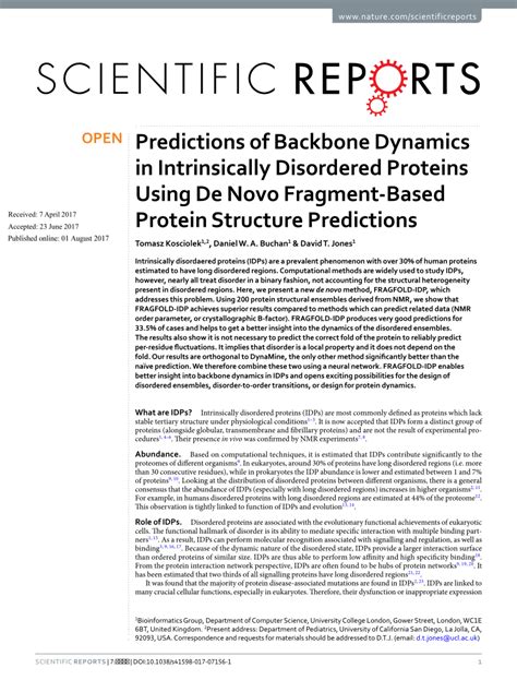 Pdf Predictions Of Backbone Dynamics In Intrinsically Disordered Proteins Using De Novo
