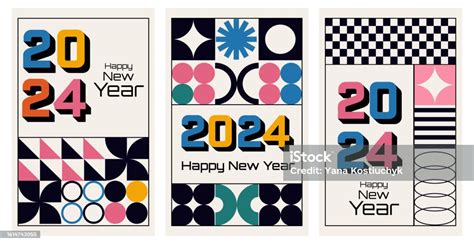 2024새해 복 많이 받으세요 포스터 세트 기하학적 스타일의 벡터 디자인 템플릿입니다 미니멀리즘 트렌디한 잔혹한 배경 벡터 그림 2024년에 대한 스톡 벡터 아트 및 기타