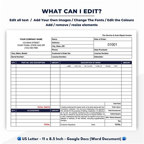 Auto Repair Invoice Template Tire Service Order Form Etsy