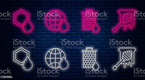 세계의 설정 라인 허니 콤지도 허니 콤 허니 콤과 떨어지는 꿀과 꿀 디퍼 스틱 벽돌 벽에 빛나는 네온 아이콘입니다 벡터 0명에