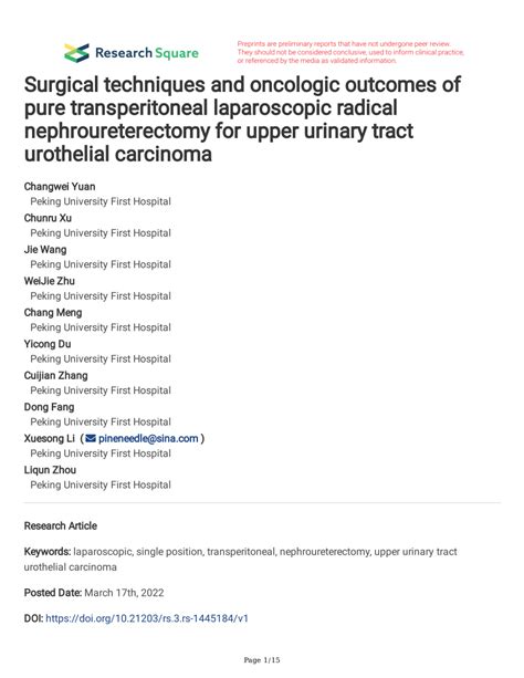 Pdf Surgical Techniques And Oncologic Outcomes Of Pure Transperitoneal Laparoscopic Radical
