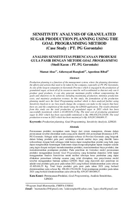 pdf sensitivity analysis of granulated sugar production planning