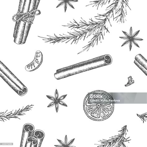 Mulled 와인에 대한 재료와 완벽 한 패턴 벡터 그래픽 일러스트 레이 션 계피 아니스 오렌지 및 전나무 가지가 흰색 배경 모양에 고립되어 있습니다 포장 건조 과일 포장지