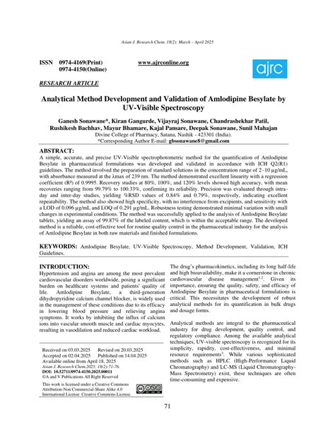 Pdf Analytical Method Development And Validation Of Amlodipine Besylate By Uv Visible Spectroscopy