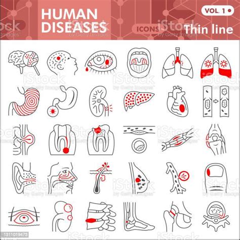 인간 질병 얇은 선 아이콘 세트 인체 건강 기호 컬렉션 또는 웹 및 응용 프로그램에 대한 의료 선형 스타일 표지판을 스케치 흰색