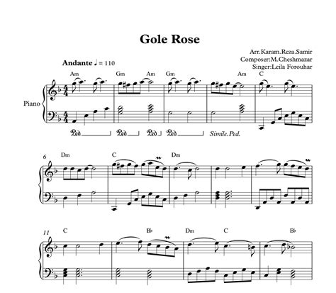 نت پیانو گل زرد لیلا فروهر به همراه آکورد نت دونی