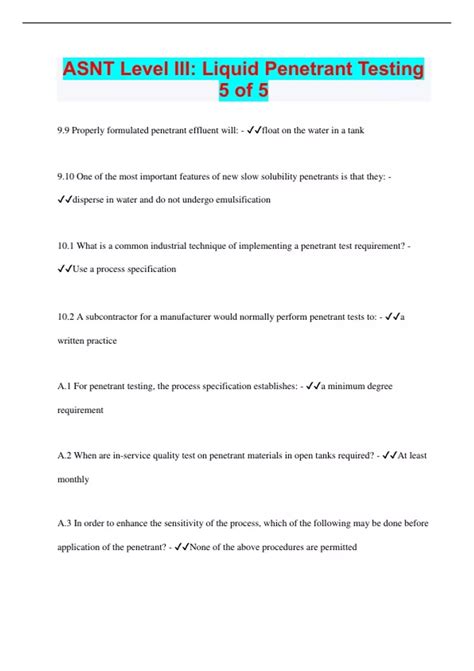Asnt Level Iii Liquid Penetrant Testing 5 Of 5 2023 Questions With 100 Correct Answers
