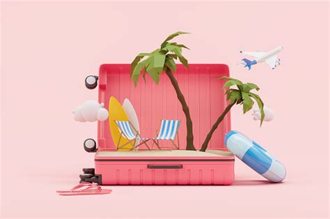 해변 의자 서핑 보드 야자수가 있는 대형 여행 가방 여행 및 휴가 비행기 티켓에 대한 스톡 사진 및 기타 이미지 비행기 티켓 여행 가방 호텔 Istock