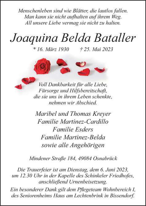 Traueranzeigen Von Joaquina Belda Bataller Noz Trauerportal
