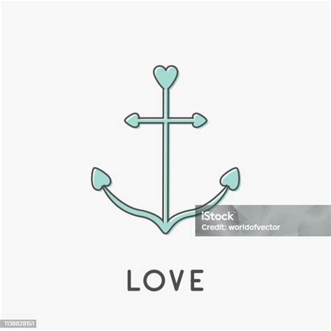 닻은 마음의 모양에 얇은 선 아이콘 해상 표지판 기호입니다 블루 색상입니다 사랑 Greeteng 카드 고립 된 흰색 배경입니다