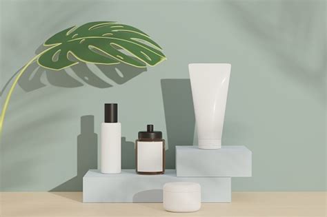 모형을 위한 빈 화장품 스킨케어 제품 또는 포장의 3d 렌더링 뷰티 비누와 스파 컨셉 피부 건강을 위한 로션 오일 수분 브랜딩을위한 프리미엄 및 고급 디자인 0명에 대한