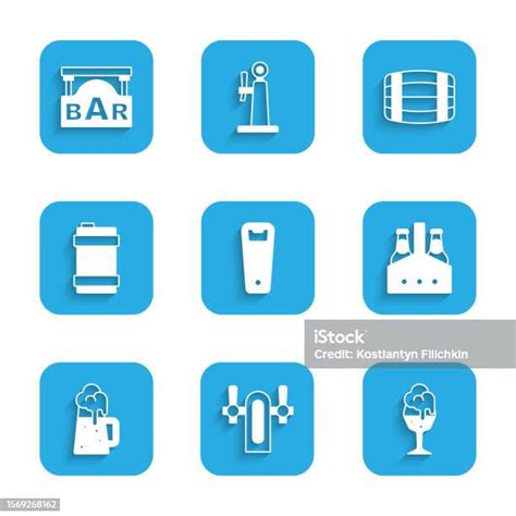 병따개 맥주 탭 맥주 한 잔 팩 병 나무 머그잔 금속 통 배럴 및 바 아이콘이 있는 거리 간판을 설정합니다 벡터 0명에 대한 스톡 벡터 아트 및 기타 이미지 Istock