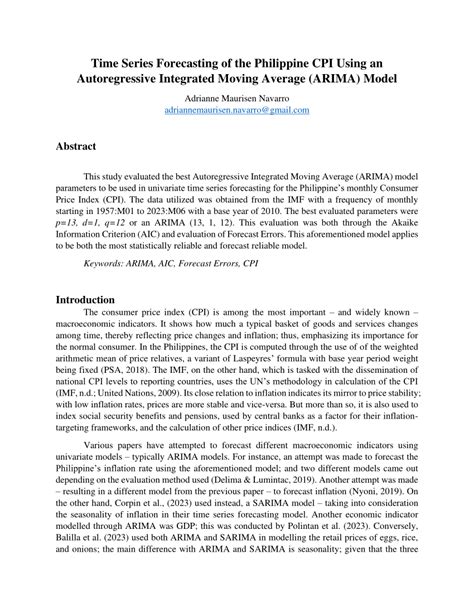 Pdf Time Series Forecasting Of The Philippine Cpi Using An Autoregressive Integrated Moving