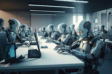 Ai Robots Using Multiple Computers Working Monitoring Data In Office