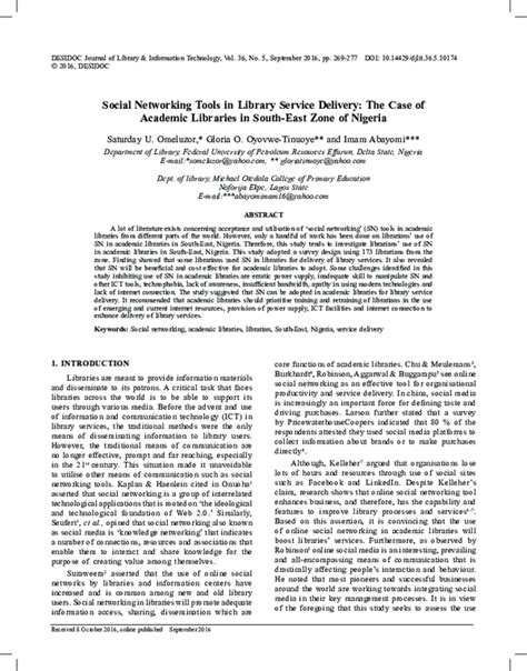 Pdf Social Networking Tools In Library Service Delivery The Case Of Academic Libraries In