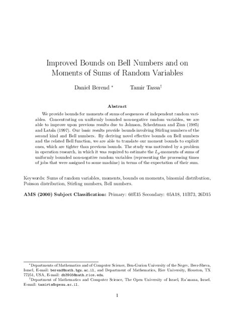 Pdf Improved Bounds On Bell Numbers And On Moments Of Sums Of Random Variables