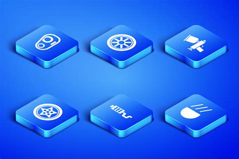 상향등 자동차 헤드라이트 머플러 휠 및 페인트 스프레이 건 아이콘을 설정합니다 벡터 3차원 형태에 대한 스톡 벡터 아트 및 기타 이미지 3차원 형태 가장자리 계기판