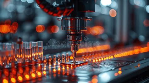 Low Angle View Of A Robotic Arm Assembling Electronic Components Stock