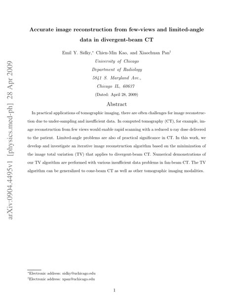 Pdf Accurate Image Reconstruction From Few View Limited Angle Data In Divergent Beam Ct