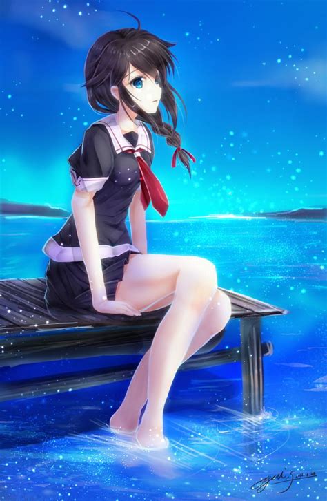 1girl 2016 Ahoge Barefoot Black Hair Black Skirt Blue Eyes Blue Sky