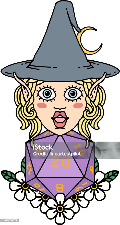 레트로 문신 스타일 엘프 마법사 캐릭터와 자연 20 주사위 롤 굴리기에 대한 스톡 벡터 아트 및 기타 이미지 굴리기 꼬마 요정 마녀 Istock
