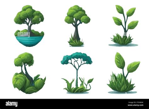 A Collection Of Cartoon Shrubs And Trees Stock Vector Image Art Alamy