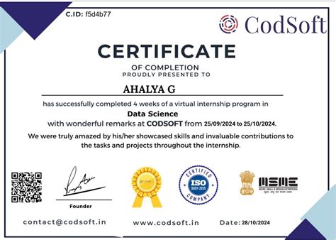 Datascience Machinelearning Ai Internship Careergrowth Codsoft Achievement Ahalya