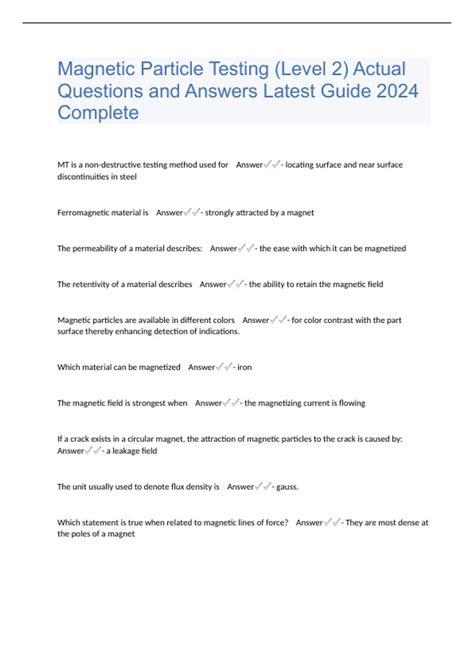 Magnetic Particle Testing Level 2 Actual Questions And Answers Latest Guide 2024 Complete