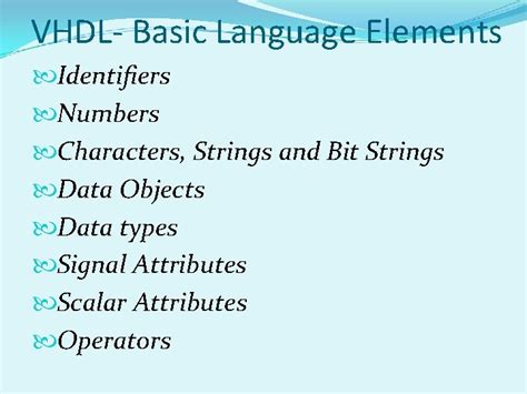 vhdl basic language elements identifiers numbers characters strings