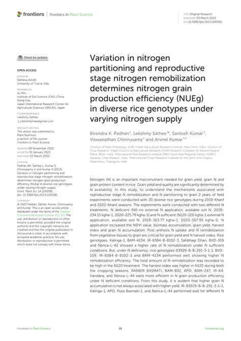 Pdf Variation In Nitrogen Partitioning And Reproductive Stage Nitrogen Remobilization
