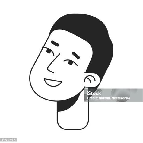 행복한 호기심 많은 얼굴을 가진 행복한 남자 단색 플랫 선형 캐릭터 머리 2차 도형에 대한 스톡 벡터 아트 및 기타 이미지