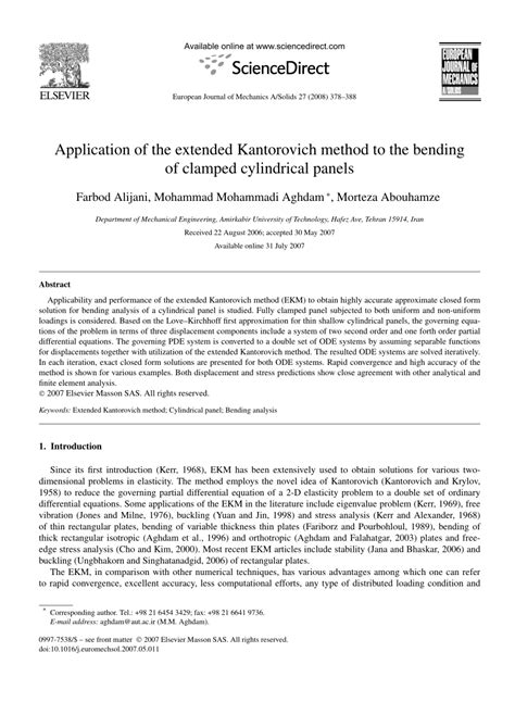 Pdf Application Of The Extended Kantorovich Method To The Bending Of Clamped Cylindrical Panels