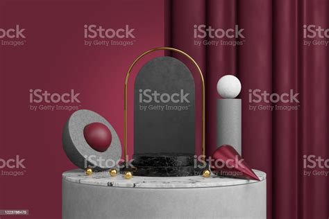 3d 렌더링 추상 쇼케이스 광고 제품 검은 대리석 아치와 골드 스트로크와 공의 간단한 모양 실린더 빨간 커튼의 배경에 원뿔 복사 공간이 있는 최소한의 템플릿 0명에 대한